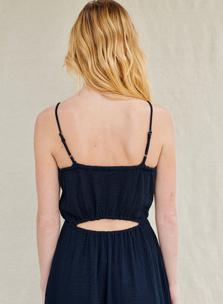 Gauze Open Back Midi Dress in New Navy – shopstateside.us